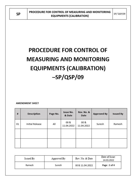 Qsp 09 Procedure For Control Of Measuring And Monitoring Equipments Calibration Pdf