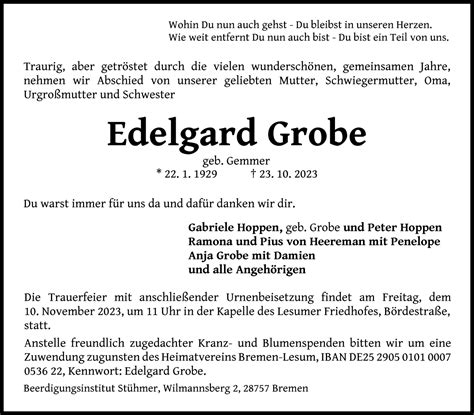 Traueranzeigen Von Edelgard Grobe Trauer And Gedenken