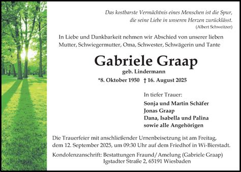 Traueranzeigen Von Gabriele Graap Vrm Trauer De