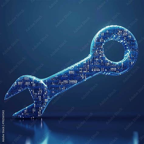 blue digital wrench spanner with glowing binary code ai in maintenance