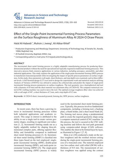 Pdf Effect Of The Single Point Incremental Forming Process Parameters On The Surface Roughness