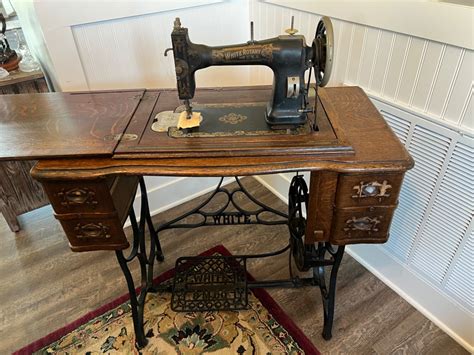 E L White Sewing Machine Antique In Cabinet With Original