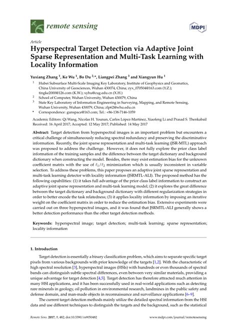 Pdf Hyperspectral Target Detection Via Adaptive Joint Sparse Representation And Multi Task