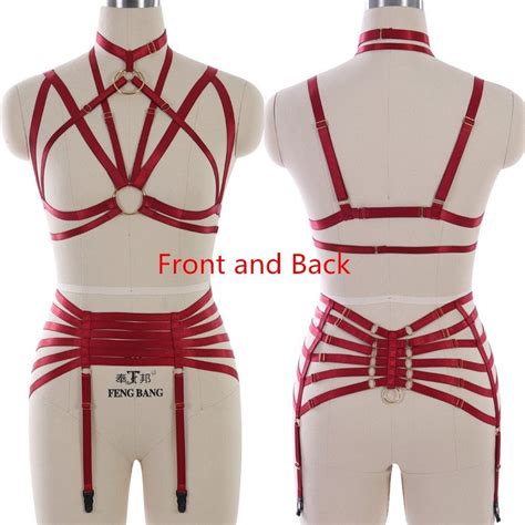 Sexy Red Goth Bondage Lingerie Elastic Cage Bra Garter Set