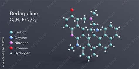 Bedaquiline Molecule 3d Rendering Flat Molecular Structure With Chemical Formula And Atoms