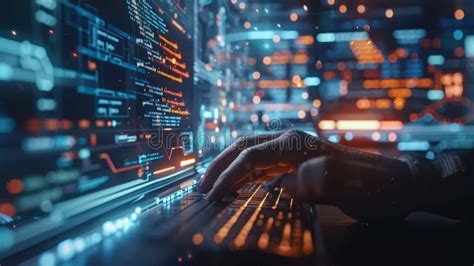 Close Up Of A Hand Typing On A Laptop Keyboard With Futuristic Digital