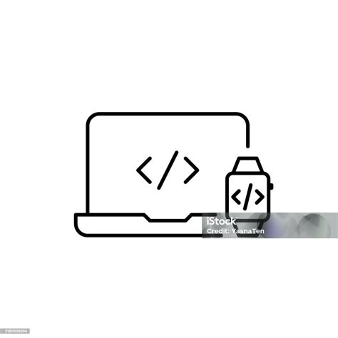 노트북과 스마트 시계의 Html 기호 크로스 플랫폼 웹 디자인 반응형 코딩 및 웹 개발 완벽한 픽셀 편집 가능한 획 아이콘 0명에 대한 스톡 벡터 아트 및 기타 이미지