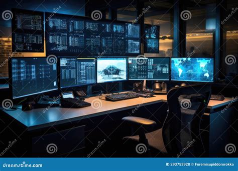 Multi Monitor Workstation With Futuristic Interface And Coding Setup
