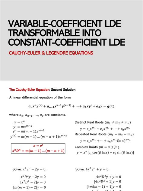 Variable To Constant Coefficient Ldes Cauchy Euler Legendre Linear Equations Pdf Algebra