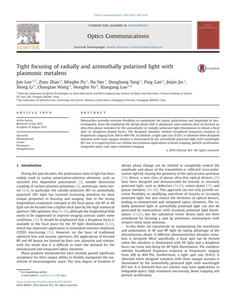 Pdf Tight Focusing Of Radially And Azimuthally Polarized Light With Plasmonic Metalens