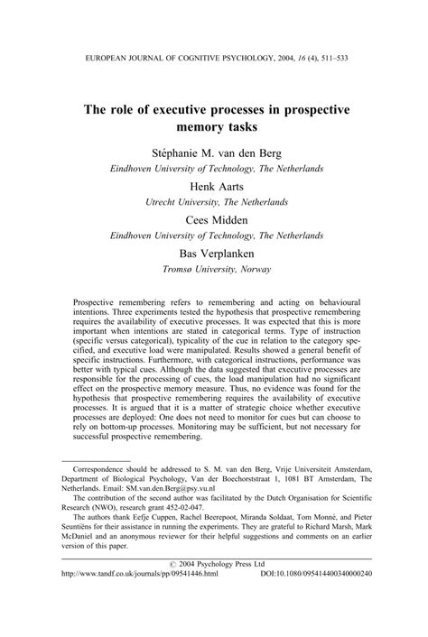Pdf The Role Of Executive Processes In Prospective Memory Tasks