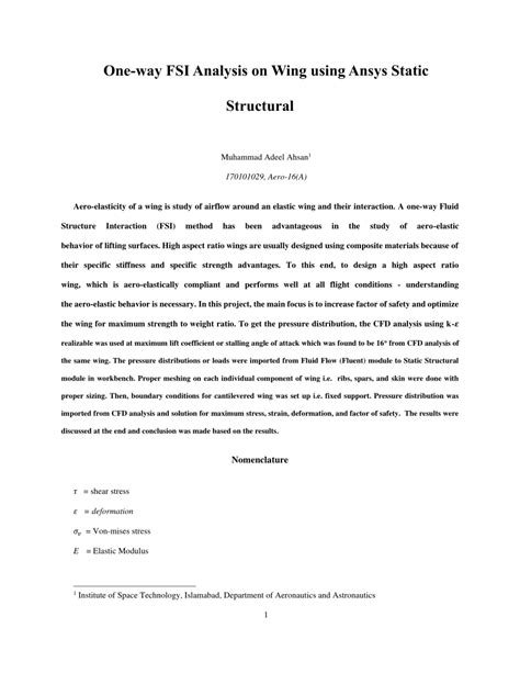Pdf One Way Fsi Analysis On Wing Using Ansys Static Structural