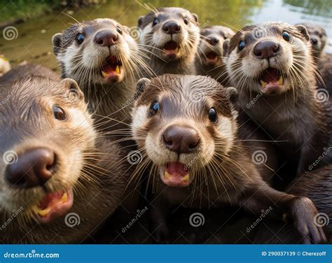 A Group Of Otters Look At The Camera In A Friendly Way Stock Image
