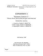 Chemistry Lab Report Docx McMaster University ENGTECH CH Lab Section L McMaster