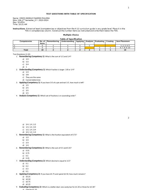 Test Questions With Table Of Specification Pdf