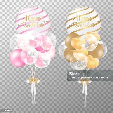 투명 한 배경에 생일 풍선 현실적인 분홍색과 황금 광택 풍선 벡터 일러스트입니다 장식 생일 파티 디자인 서식 파일 3차원 형태에 대한 스톡 벡터 아트 및 기타 이미지