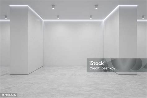 벽에 모형이 있는 현대적인 가벼운 콘크리트 갤러리 인테리어 예술과 전시 개념 3d 렌더링 0명에 대한 스톡 사진 및 기타 이미지