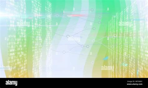 Network Diagram Showing Nodes And Lines In Data Interface With Binary Code Streams Color Bands