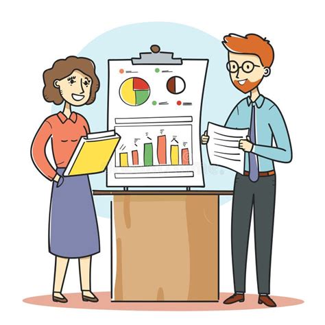 woman man presenting business report using flip chart both