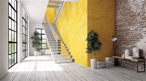 흰색 벽돌 벽에 대한 3d 렌더링 멋진 노란색 로프트 스타일 계단 살다 배경 노란 배경 빈 벽 배경 이미지 Hd 살다 노란 빈 벽 배경 사진 무료 다운로드