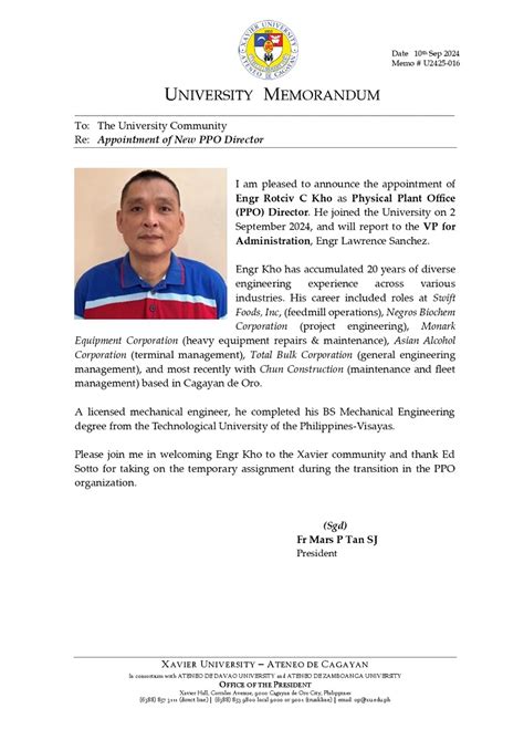 Xavier University Memo U2425 016 Appointment Of New Ppo Director