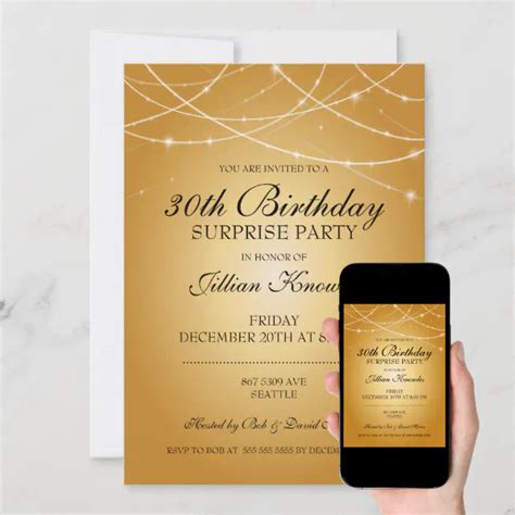 30th Surprise Party Brass String Lights Invitation Zazzle