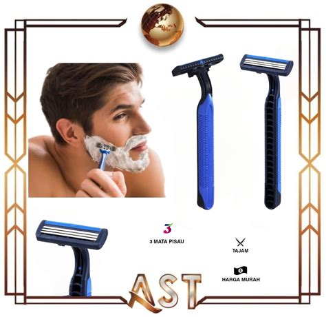 Alat Cukur Jenggot Pria 3 Mata Pisau Potong Kumis Warna Biru For Man