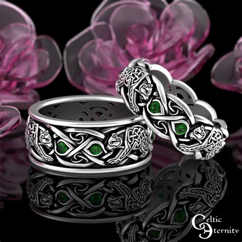 His Hers Nordic Viking Wedding Bands Sterling Emerald Bear Rings