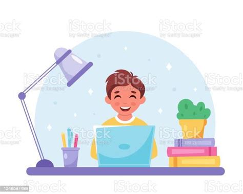 컴퓨터로 공부하는 어린 소년 온라인 학습 학교 개념으로 돌아가기 벡터 일러스트레이션 Brand Name Online Messaging Platform에 대한 스톡 벡터 아트