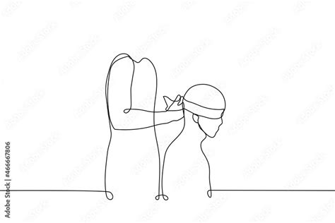 Man Sits Him Someone From The Back Blindfolds With Wide Ribbon One Line Drawing Vector