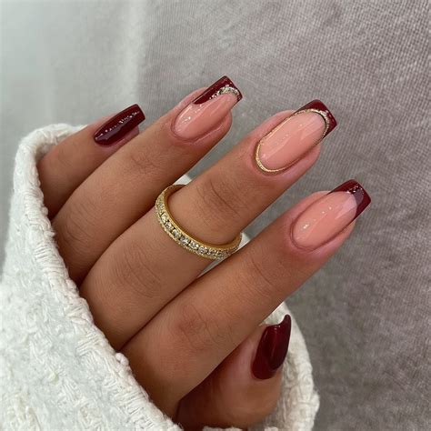Burgundy And Gold Glam French Tip Nails 💅 Maroon Nails Gold Nails Prom Square Nails
