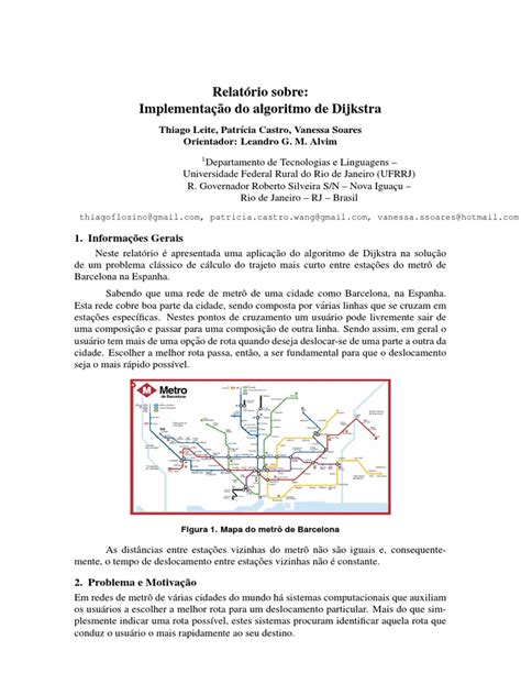 Dijkstra No Problemas De Estações De Metrô Pdf Teoria Dos Gráficos Matemática Discreta