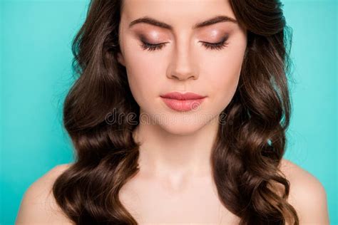 Closeup Cropped Photo Of Beautiful Tender Lady Curly Hairstyle Eyes