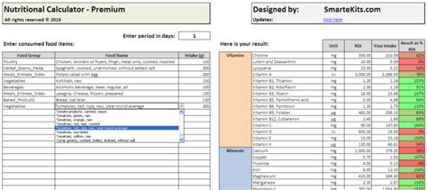 Nutrition Spreadsheet Excel — Db
