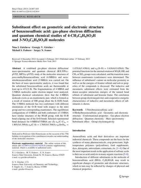 Pdf Substituent Effect On Geometric And Electronic Structure Of Benzenesulfonic Acid Gas