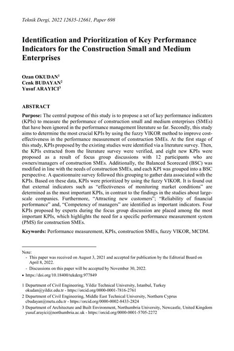 Pdf Identification And Prioritization Of Key Performance Indicators For The Construction Small