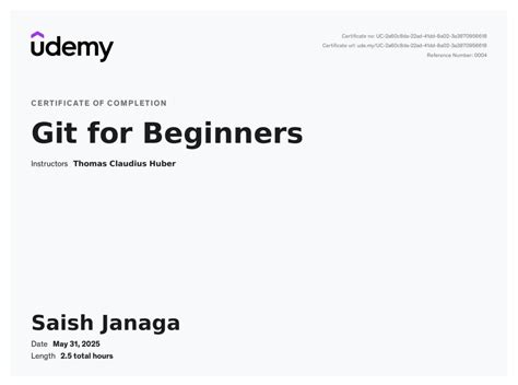 My Course Completion Certificate For Git For Beginners Saish Janaga