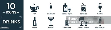 채워진 음료 아이콘 세트입니다 플랫 티 샴페인 허브 주류 음료 마이 타이 주류 마르티네즈 청량 음료 알코올 음료 라모스 진 피즈 아이콘을 편집 가능한 형식으로 포함합니다 0