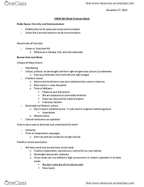 Cmns 221 Lecture Notes Fall 2016 Lecture 9 Frankfurt School