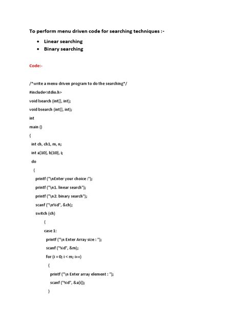 1 To Perform Menu Driven Code For Searching Techniques Pdf Array