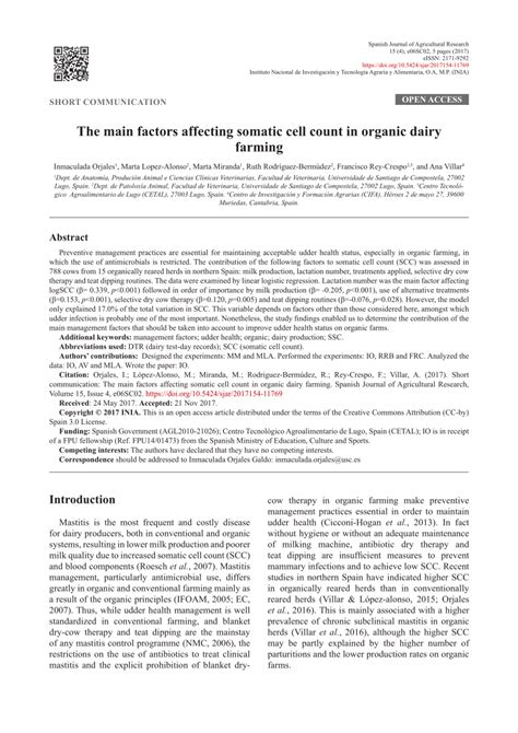 Pdf The Main Factors Affecting Somatic Cell Count In Organic Dairy