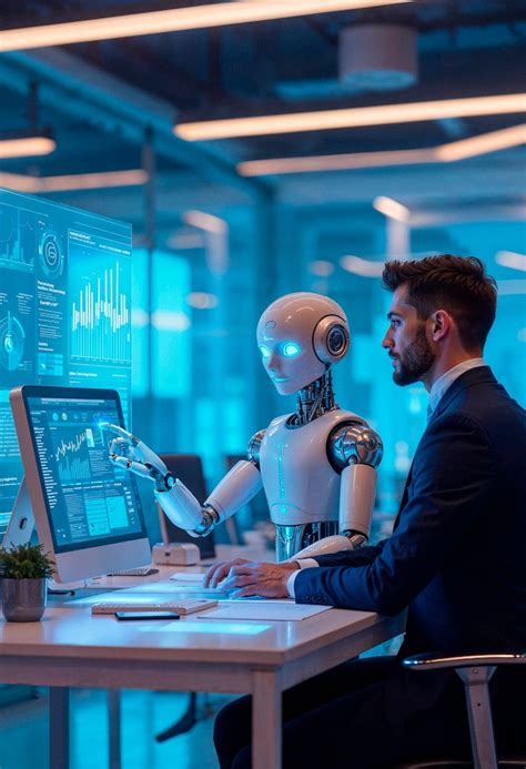 Man And Robot Working Together In A High Tech Office Ai Generated Image