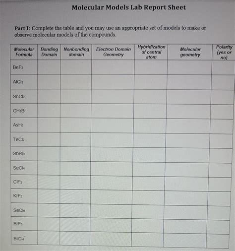 Solved Molecular Models Lab Report Sheet Part I Complete