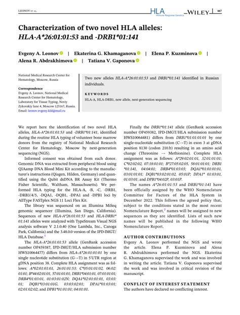 Characterization Of Two Novel HLA Alleles HLAA 26 01 01 53 And DRB1 01 141 Request PDF