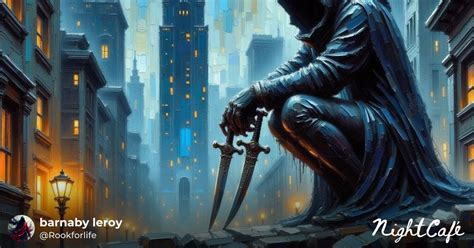 Shadowy Female Assassin Crouching On A Rain Soaked Rooftop