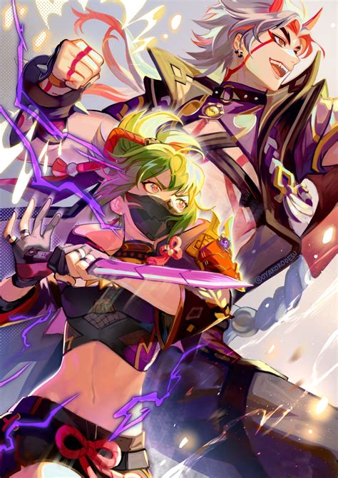 Kuki Shinobu And Arataki Itto Genshin Impact Drawn By Oyakorodesu Danbooru