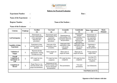 Rubrics For Practical Evaluation Pdf Experiment