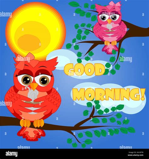 Cute Coquettish Owls With Coffee Sits On A Tree Postcard Cartoon