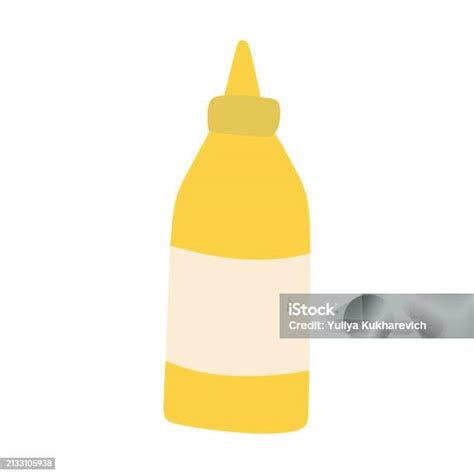 흰색 배경에 노란색 겨자 병입니다 벡터 고립 된 플라스틱 튜브에 매운 맛 페이스트의 평면 그림 길거리 음식 버거 Shawarma 핫도그 및 기타 식사를 위한 짭짤한 조미료
