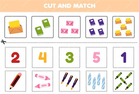 아이들을 위한 교육 게임은 같은 수의 귀여운 만화 책 봉투 연필 펜 크레용과 마커 인쇄 가능한 도구 워크시트를 자르고 일치시킵니다 프리미엄 벡터
